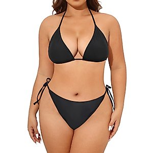 Tempt Me Women Plus Size Triangle Bikini String Two Piece Halter Tie Side Swimsuit Black 14 Plus