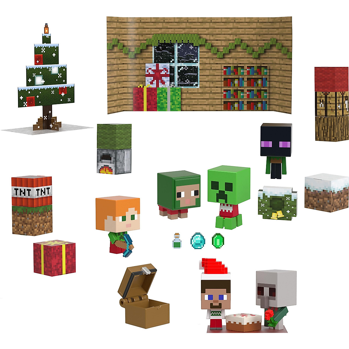 Mattel Minecraft Mob Head Minis Advent Calendar with 24 Surprises Including 6 Action Figures & Accessories, Includes Steve, Holiday Gift