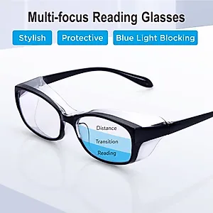 UNCLE SAM Safety Glasses with Side Shields – Blue Light Blocking Multifocal Reading Glasses, Anti-Fog & Anti-Blue Light Lenses, 3-Pair, Multi-Colors
