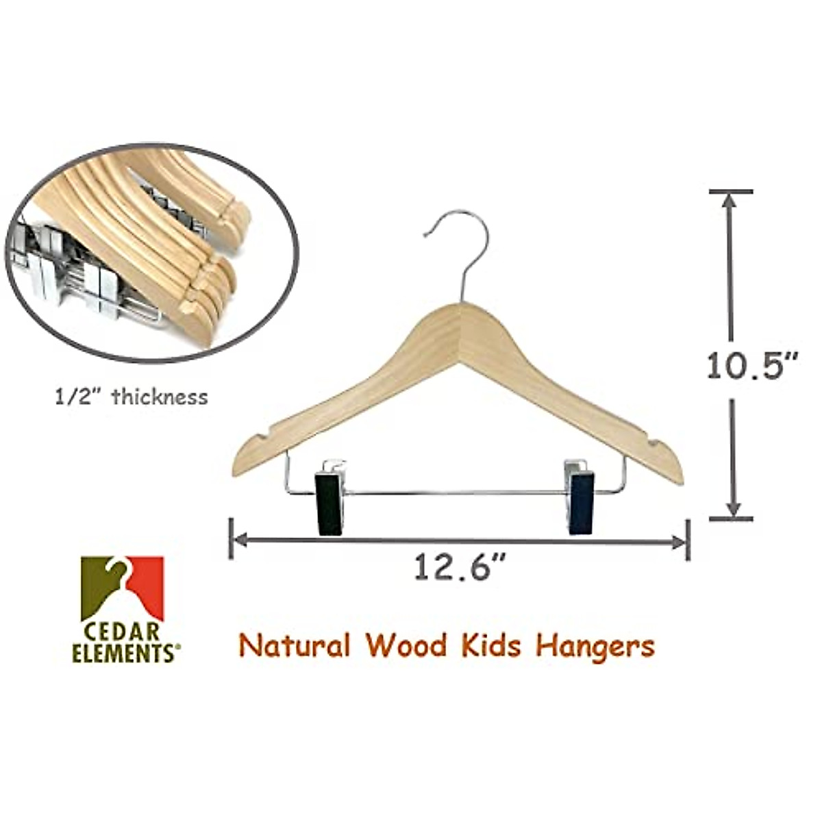 Kids Hangers with Metal Clips Pant Bar 4T-10 (Natural Wood)