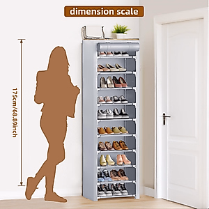 ERONE Shoe Rack with Cover 10 Tier Tall Slim Narrow Shoe Rack Organizer Space-Saving Sturdy Shoe Storage Shelf for Entryway, Closets