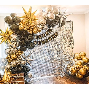 Enanal New Year Decoration, 2024 New Year Eve Black and Gold Foil Fringe Backdrop,Happy New Year Banner,Disco Ball Champagne Exploding Star Foil Balloons,Latex Balloons and Glasses