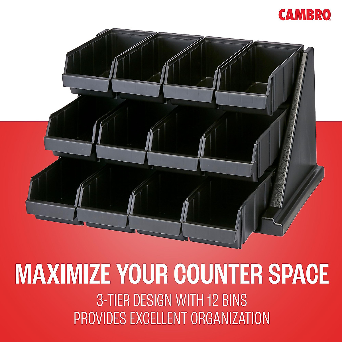Cambro 12RS12110 Black Versa Self Serve Condiment Bin Stand Set with 3-Tier Stand and 12" Condiment Bins Case of 1