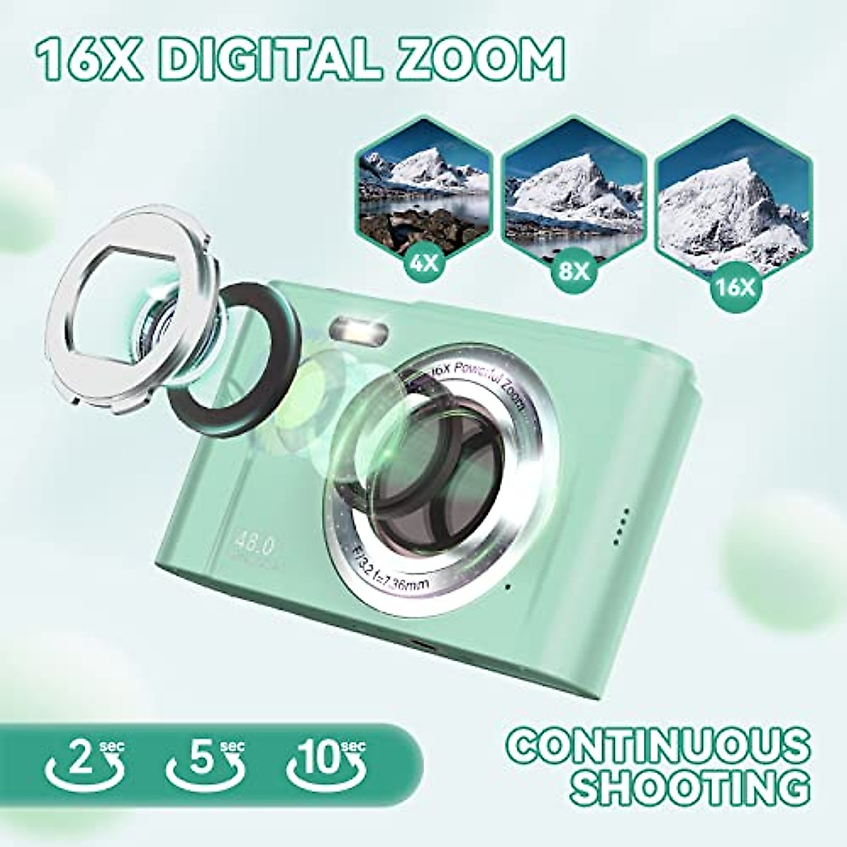 Digital Camera, Bofypoo Autofocus Kids Vlogging Camera FHD 1080P 48MP with 32GB Memory Card, 16X Zoom Point and Shoot Digital Camera, Compact Camera for Teens,Beginners