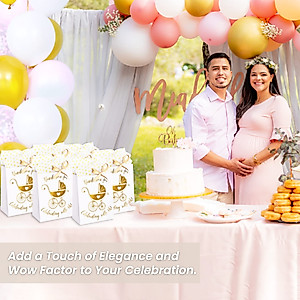 25 Pack Baby Shower Gifts Bag with Tissue Paper and Ribbons - Gold Baby Shower Gifts Bags Medium Size - Baby Gift Bags for Baby Shower, Baby Boy Gift Bag, Baby Girl Gift Bag, Gender Reveal Gift Bag Bulk (8"L x 4.5"W x 10"H, White)