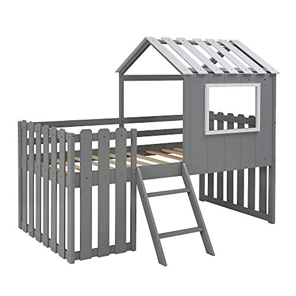 Twin Loft House Bed for Kids, Wooden Loft Beds with Rustic Fence-Shaped Guardrail/Ladder/Window/Roof for Teens Boys & Girls Bedroom (Gray-Loft House Bed)