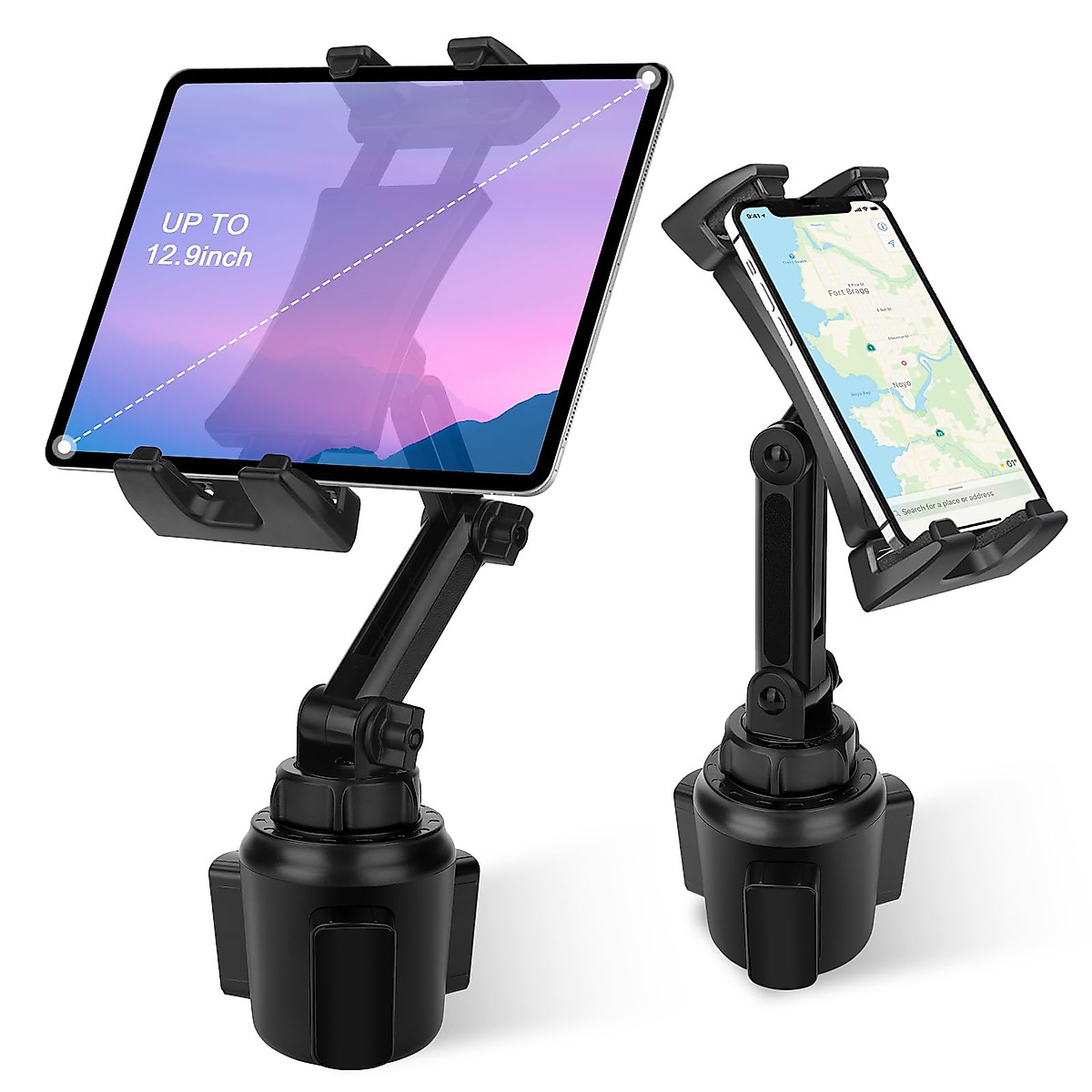Cup Holder Car Tablet Mount, Universal 360° Rotation Adjustable Long Arm Holder Stand for iPad Pro 12.9/11/10.5/9.7/Air/Mini 6/5/4, Samsung Galaxy Tab/Z Fold 6/5, Amazon Fire HD, 4.7-12.9" Tab & Phone