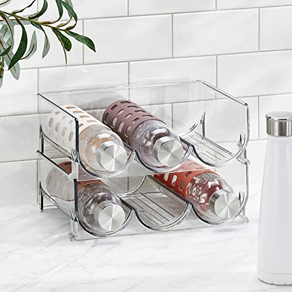 mDesign Stackable Plastic 3 Bottle Refrigerator Wine Rack - Kitchen Storage Organizer Holder for Champagne, Wine or Water Bottles - Stacking Wine Bottle Organizer for Fridge - Ligne Collection - Clear