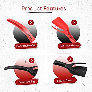 Egg Flipper Spatula Tongs Set of 2 PCS - 2 in 1 Grip and Flip Spatula Tong Multi-Purpose Use Non-Stick Kitchen Flipper Spatula For Bread Fish Pancake Toast Home Kitchen Cooking Tool (Black + Red)
