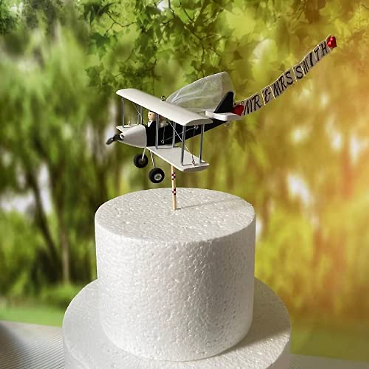 Airplane Wedding Cake Topper with Custom banner Mr. & Mrs. Cute unique honeymoon figurines at the helm of the plane