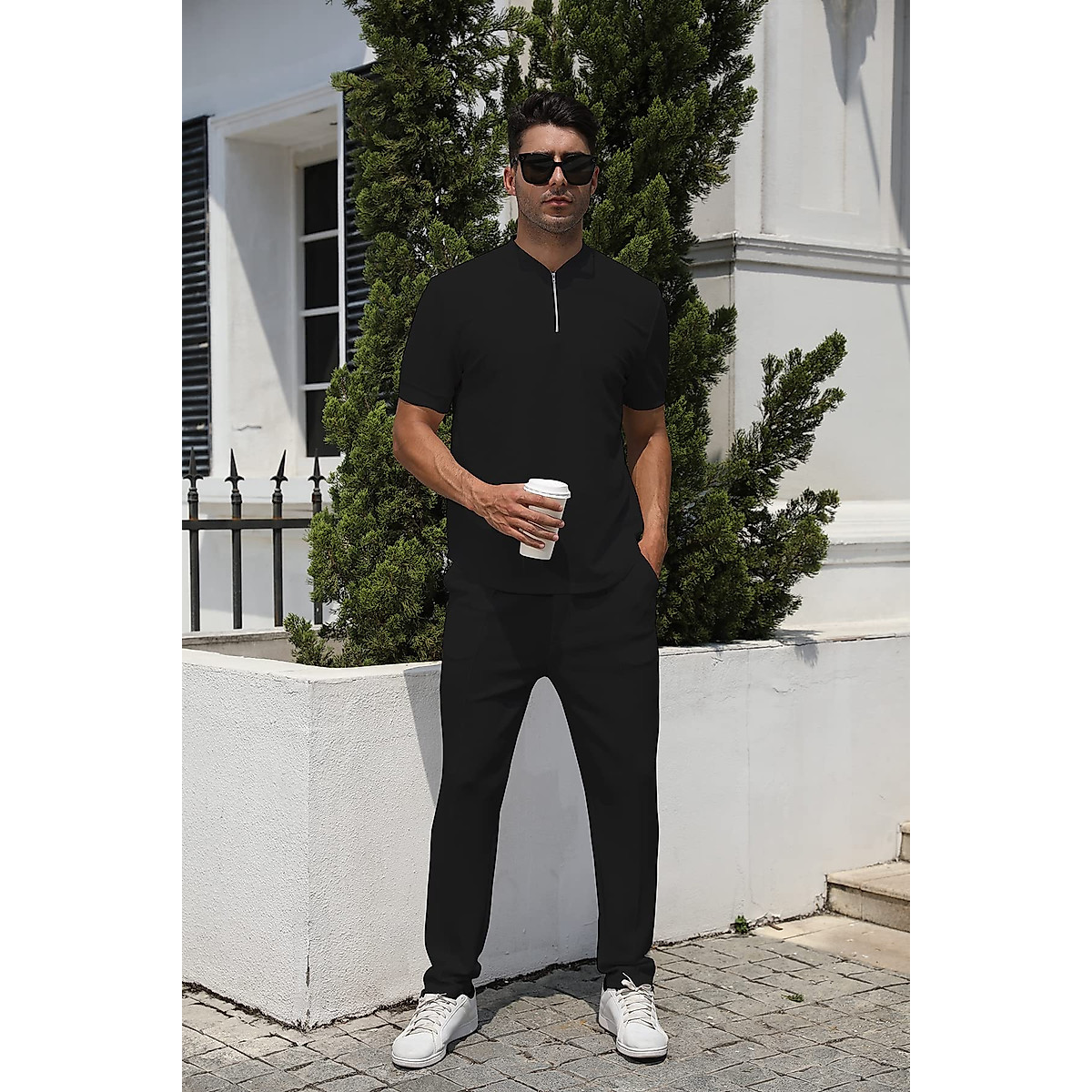 FZNHQL Men's Fashion Tracksuits 2 Piece Outfits Casual Polo Suit Athletic Running Jogging Track Suits for Men Workout Set Black XL