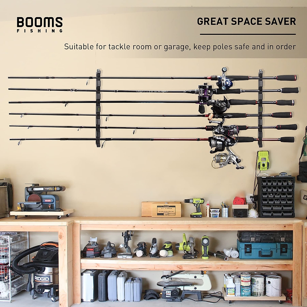 Booms Fishing WV5 Horizontal Fishing Rod Holders for Garage, Wall Mounted Fishing Rod Rack, Kayak Fishing Pole Holder and Rack, Store Up to 6 Rod and Reel Combo in 14.6"