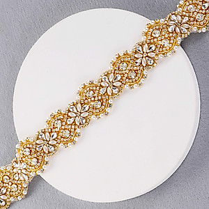 yanstar Wedding Bridal Belts In Gold Rhinestone Crystal Pearl With Ivory Sash For Wedding Dress Prom Gown-17.7In1.6