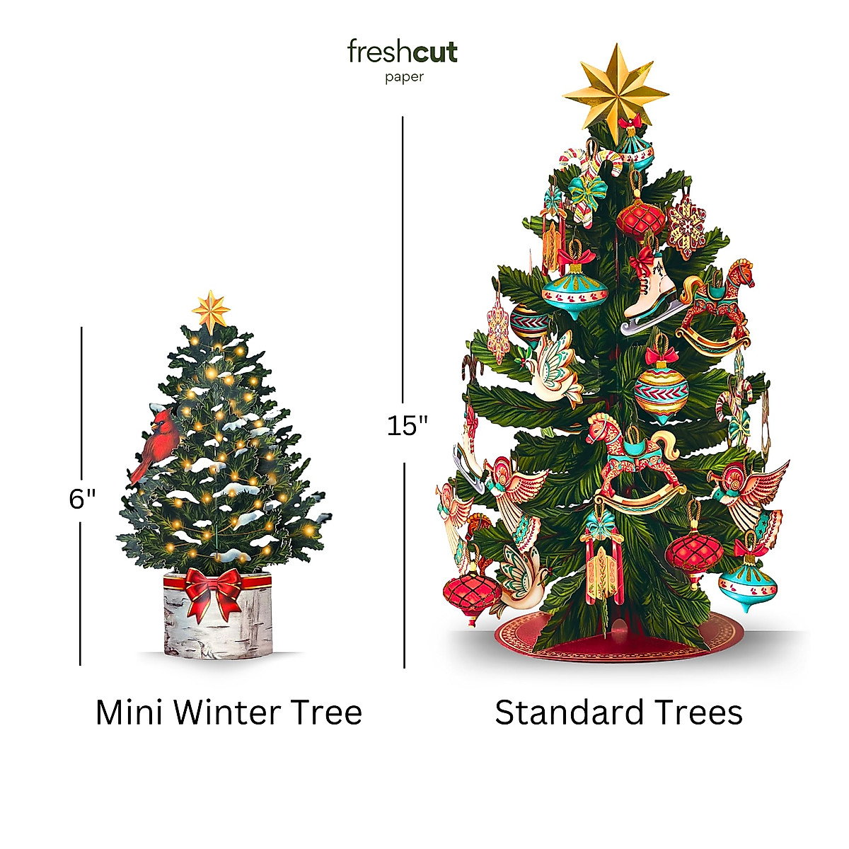 Freshcut Paper Pop Up Cards, Merry Mini Tree, 7 inch Mini Sized Paper Christmas Tree 3D Popup Greeting Cards, Christmas Card, Holiday Card, Blank Notecards & Envelopes, Pack of 5