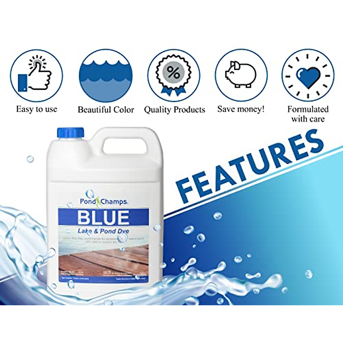 Pond Champs Blue Lake and Pond Dye - One Gallon of Professional Lake & Pond Dye - Treats Up to 1 Acre - Royal Blue Color - Safe for Fish, Wildlife, Pets & Children