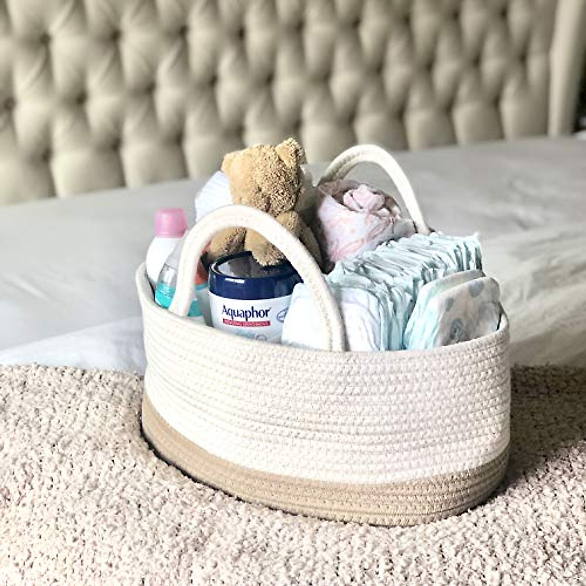 Mila Millie Baby Large Cotton Rope Diaper Caddy | Organizer Storage Bin for Nursery Essentials | Portable Bag for Changing Table and Car | 100% Natural Cotton | Eco friendly (White & Biege) 15.5x10x7 Inch (Pack of 1)