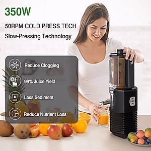Cold Press Juicer, 350W Masticating Juicer with 5.4" Large Feed Chute Fit Whole Fruits & Vegetables, Cold Press Electric Juicer Machines with High Juice Yield, Easy to Clean, BPA Exclude-Black.