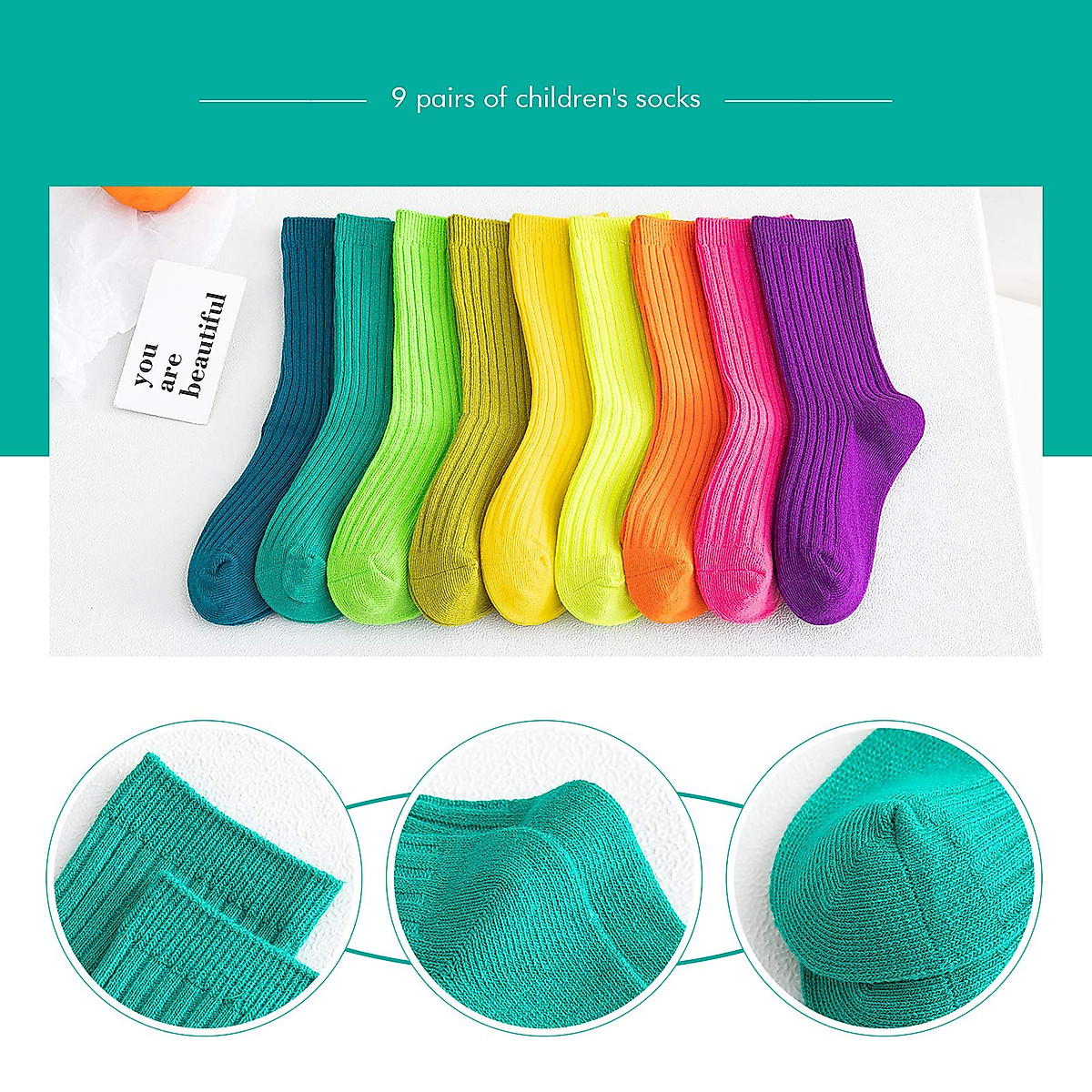 MINI PANDA Little Girl's Socks, Girls Socks Cute,girls Crew Socks 9 Pairs Pack (9 colors-2, 5-8 Years)