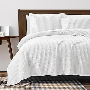 SHALALA NEW YORK Reversible Quilt Set - 2 Quilted Pillow Shams and a Soft Cotton Jersey Coverlet-Lightweight and Breathable - Machine Washable (Stripe White, King)