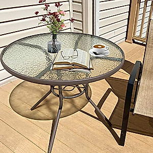 Welnow 35" x 35" Outdoor Bistro Table Metal Round Patio Side Table Outdoor Coffee Table Furniture Garden Backyard Dining Table, W/Elegant Water Ripple Glass Table Top (Brown)