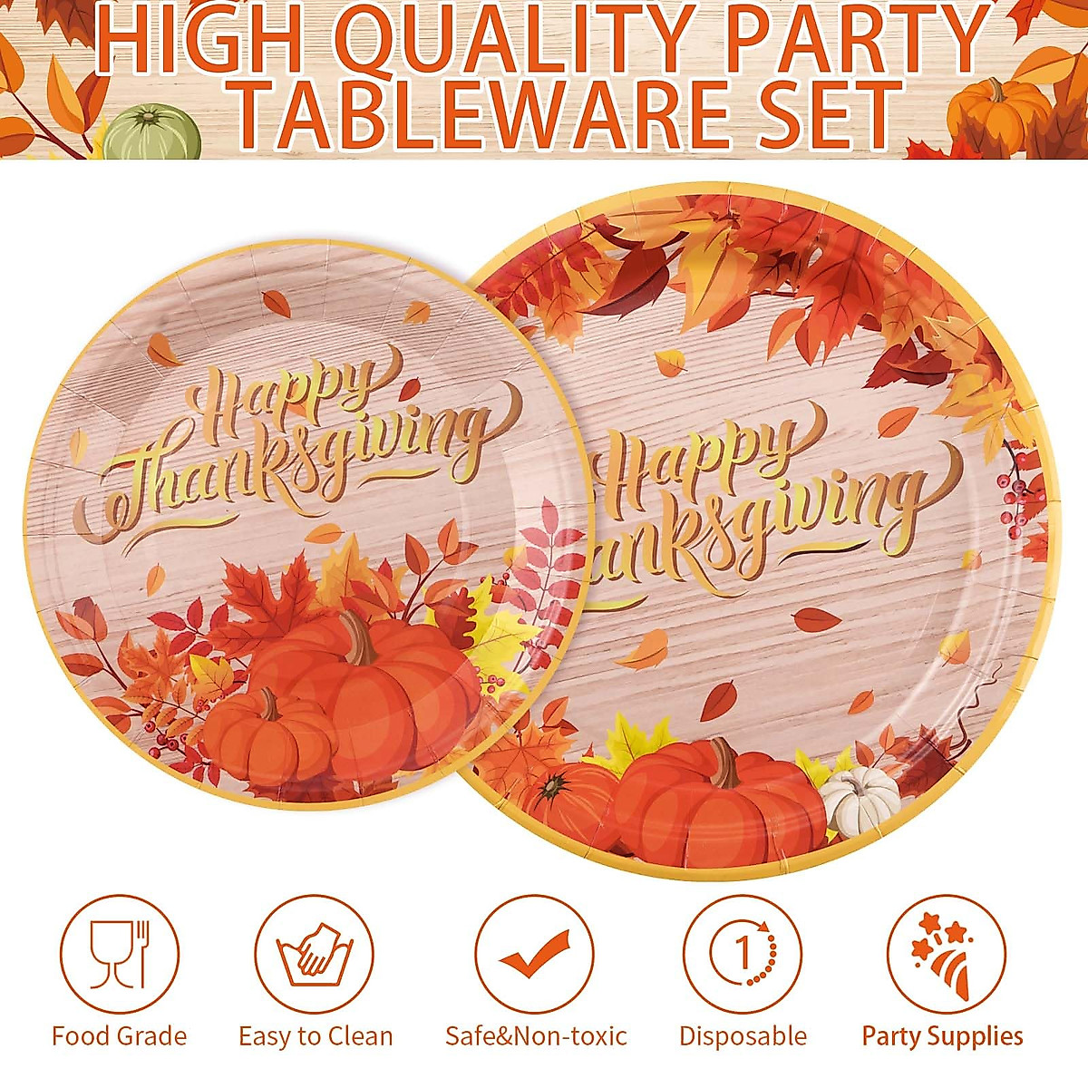 Grencian 175Pcs Thanksgiving Paper Plates and Napkins Set Thanksgiving Party Supplies Happy Thanksgiving Fall Leaves Disposable Dinnerware Set for Thanksgiving Theme Party, Serves 25