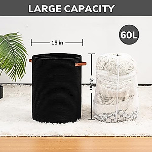 Goodpick Large Laundry Basket, 60L Tall Laundry Hamper with laundry Bag for Blankets, Clothes, Black Rope Laundry Basket for Living Room, 15 x 20 Inches