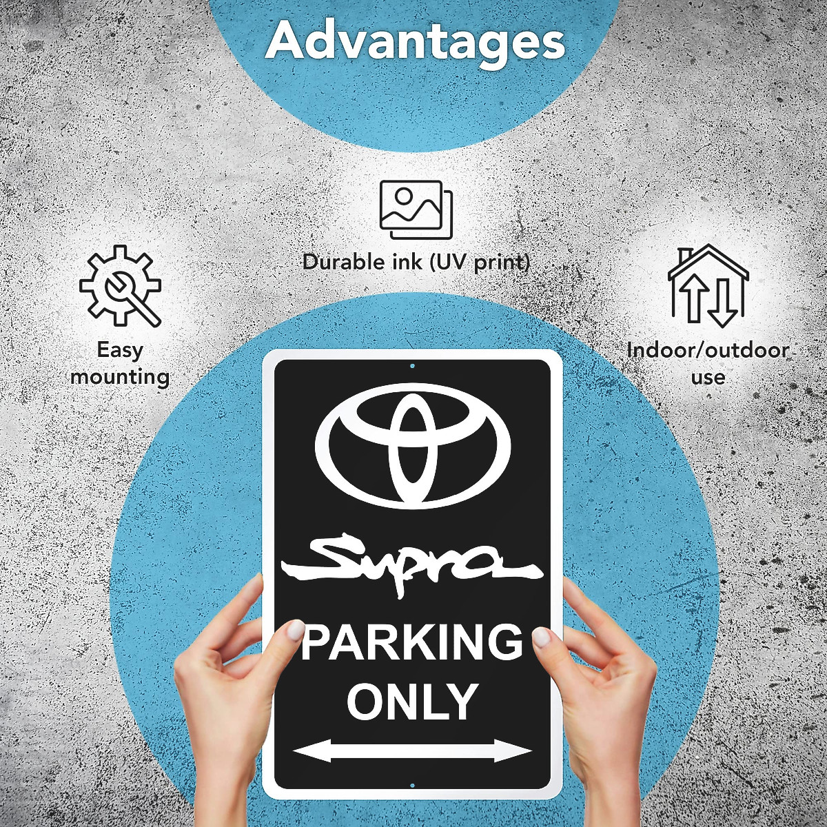 Supra Parking Only Sign with Protective Transparent Shipping Film - 8x12 Aluminum Supra Gifts for Men - Black Toyota Signs for Garage Bar Man Cave