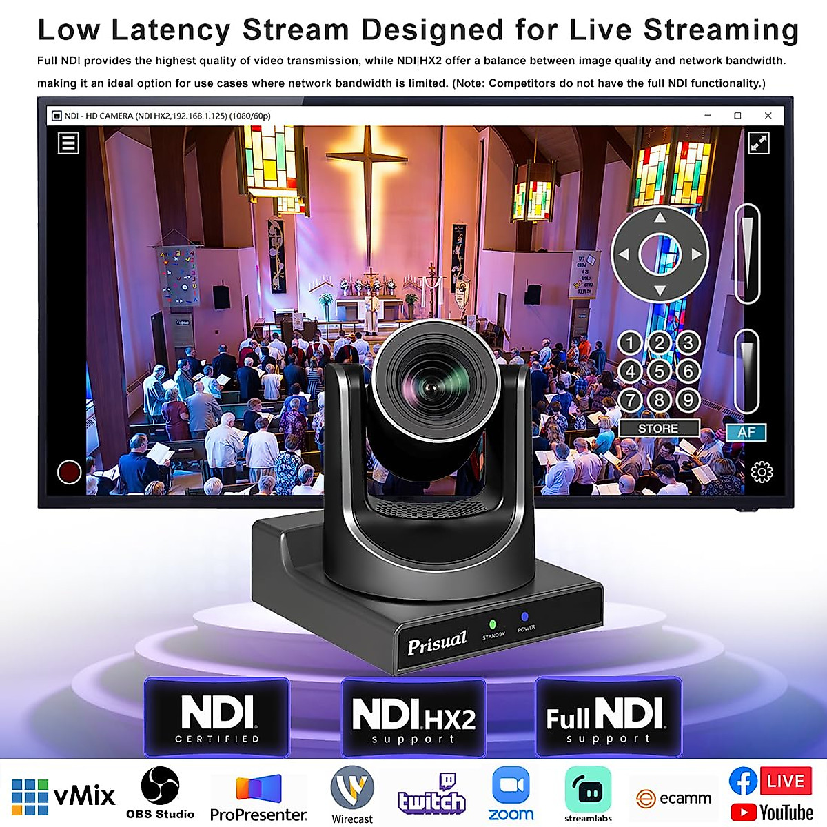 Prisual NDI HX3 PTZ Camera 30x Full HD Live Streaming Auto Tracking Camera with HDMI/3G-SDI/USB and NDI HX3 60P Outputs (NDI HX3 & Full NDI Optional)