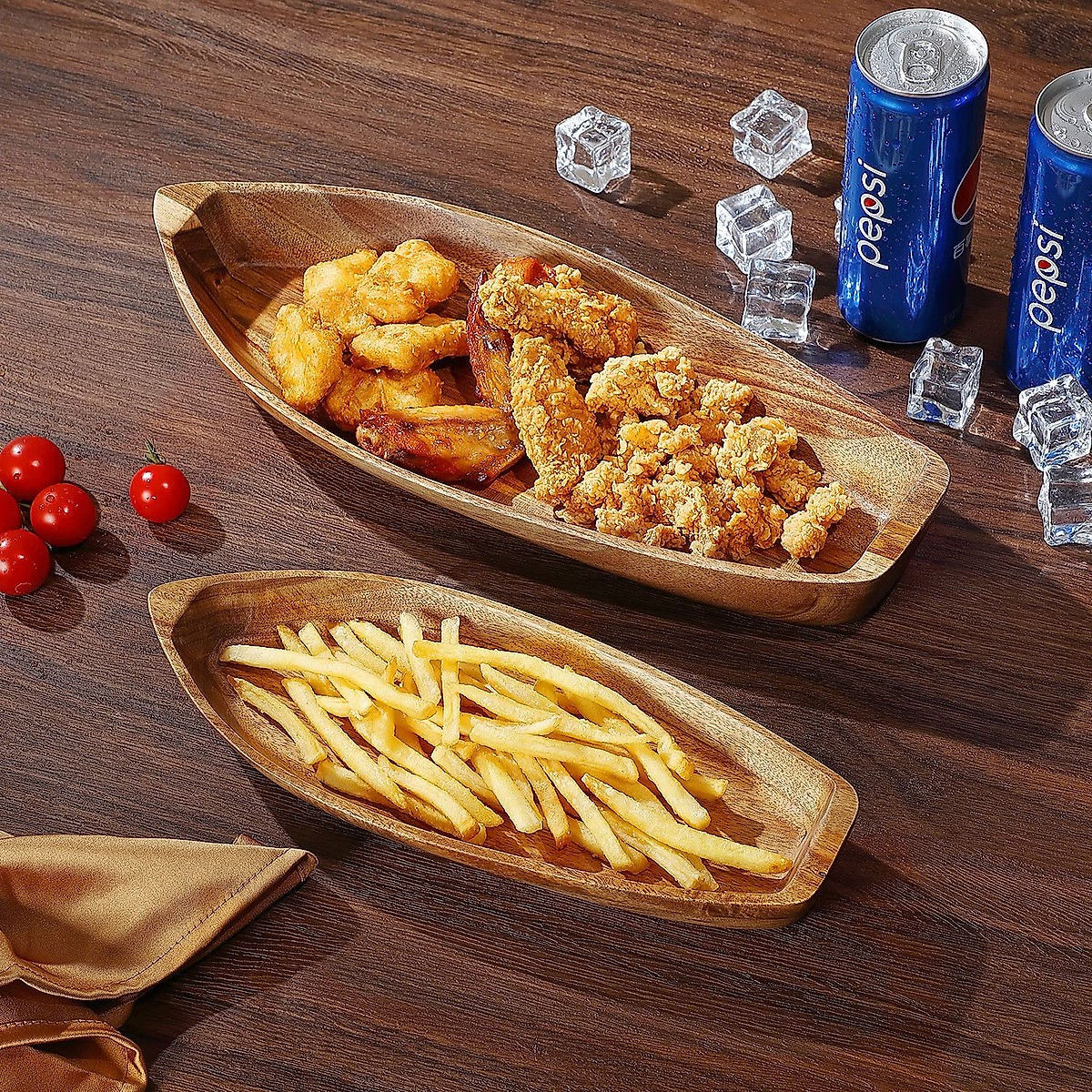 C-Joy Wood Decorative Wooden Tray, Nature Acacia Solid Wood Serving Bowls,for Desserts Fruits Salad or House Ornament, Functional and Collectible Furnishing Articles. (Lucky Boat (2 of Set))