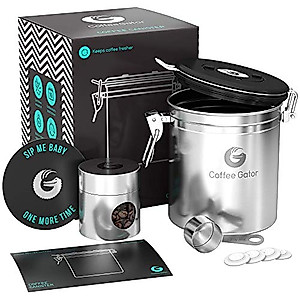 Coffee Gator Coffee Canister, Stainless Steel Airtight Coffee Containers for Ground Coffee with Date-Tracker, CO2-Release Valve, Measuring Scoop & Travel Jar - Medium, 16 oz, Silver