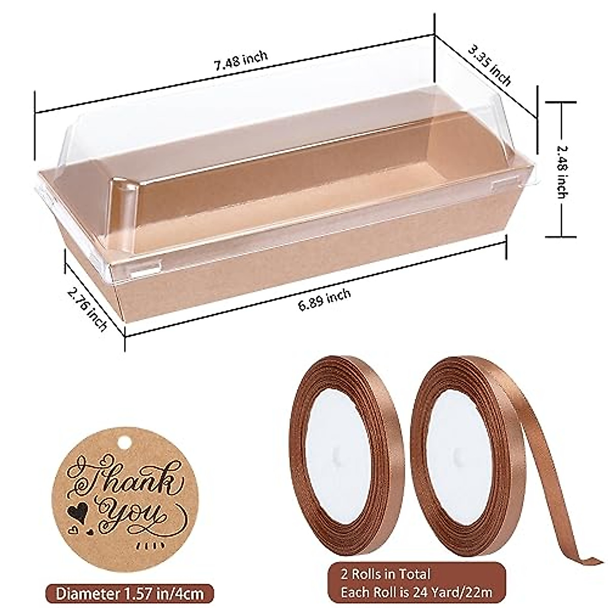 60 Pack Paper Charcuterie Boxes with Clear Secure Lids, 7.5 Inches Brown Bakery Boxes with 2 Rolls of Ribbon, Long Disposable Food Containers Treat Boxes for Macaroon, Cookies, Strawberry Dessert