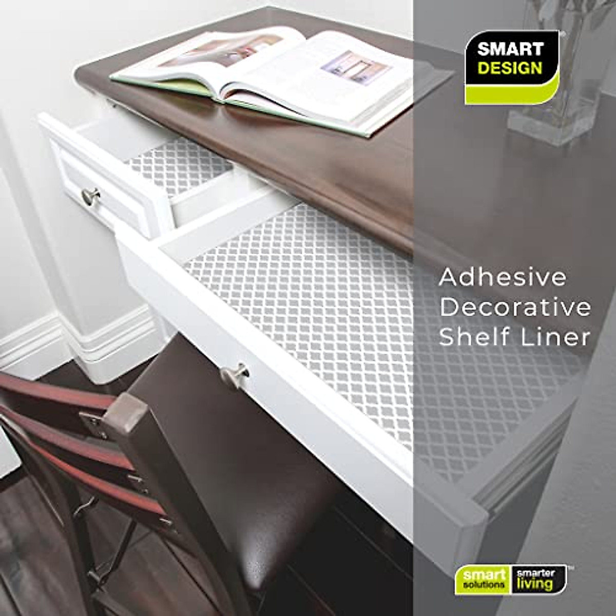 Smart Design Shelf Liner w/ Decorative Adhesive - Washable Cutable Material - Non Slip & Peel Design - for Shelves, Drawers, & Flat Surfaces - Kitchen (18-inch X 20-feet) [Metro Gray Lattice]