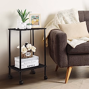 Vrisa End Table Set of 2 Side Table Livingroom Bedside Tables for Small Spaces Nightstands Set of 2 Small Narrow End Table with Wheels 2-Tier Space Saving for Living Room Bedroom Office, Black