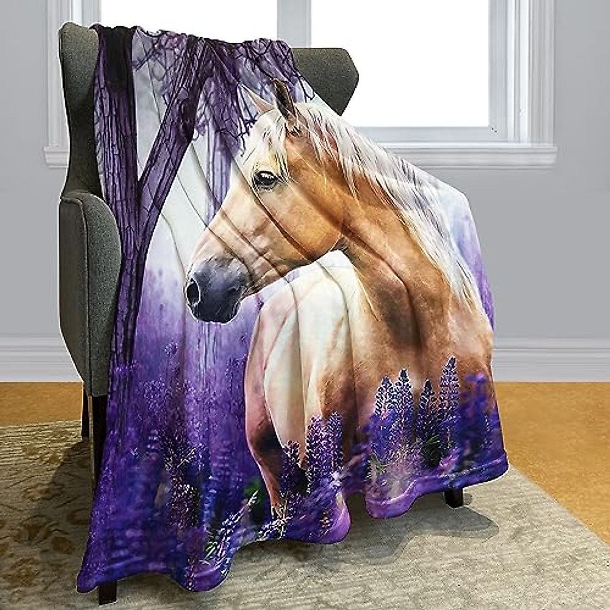 HommomH 40"x50" Horse Blanket with Purple Lavender, Super Soft Fleece Throw Blankets for Girls