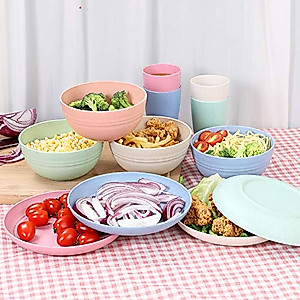 Wheat Straw Dinnerware Sets (12pcs) Multi Color Lightweight Bowls, Cups, Plates Set Reusable, Dishwasher Safe, Wheat Straw Bowls Plates Mugs