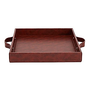 Set of 2 Square Leather Serving Trays, 12x12 Valet for with Handles for Ottoman, Coffee Table (Dark Brown)