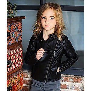 LJYH Girls Faux Leather Quilted Motorcycle Jackets Kids Spring Biker Coats Black 7/8yrs