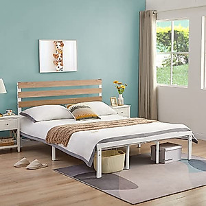 GreenForest Bed Frame Queen Size with Wooden Headboard Platform Bed with Metal Support Slats and Twin Bed Frame Tool-Free Assembly Metal Platform