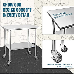 Hally Stainless Steel Table for Prep & Work 24 x 36 Inches with Caster Wheels, NSF Commercial Heavy Duty Table with Undershelf and Galvanized Legs for Restaurant, Home and Hotel