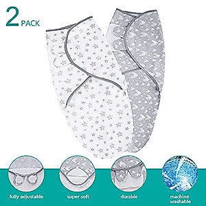 Biloban Baby Swaddles 0-3 Months for Boy Girls, Baby Swaddle, Newborn Swaddle, Cotton Adjustable Swaddle Blanket, Lovely Grey Print, 2 Pack
