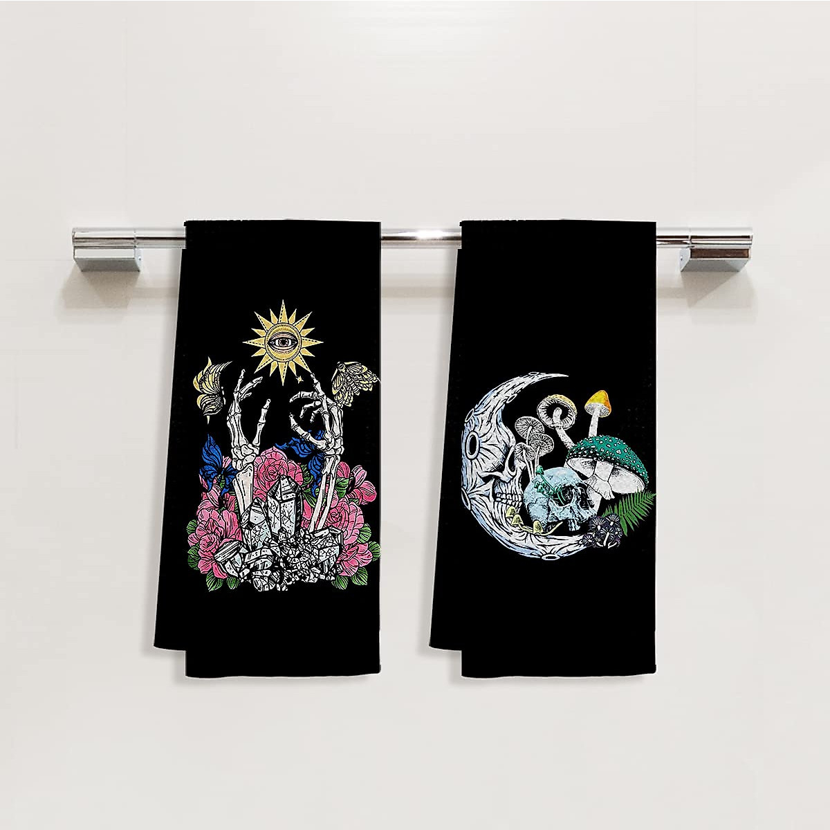 Voatok Gothic Skull Moon Colourful Mushroom Leaves Flowers Kitchen Towels Dish Towels Set of 2,Gothic Skull Halloween Kitchen Hand Towels,Skull Lovers Gifts,Wife Sister Gothic Lover Gifts