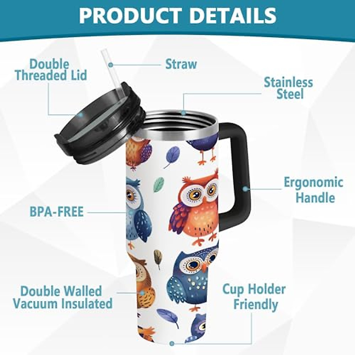 FRCSDIY Cartoon Owl Insulated Tumbler with Handle and Straw Lid,30oz Leakproof Stainless Steel Cup BPA-Free Water Bottle
