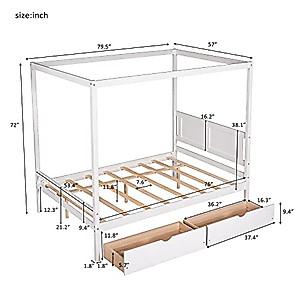 MOEO Full Size Canopy Platform Bed with 2 Drawers, Slat Support Leg, Wood Bedfram w/Guardrail for Kids, Adults, No Spring Box Required, White