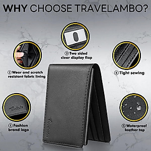 Travelambo Black Wallet for Men, Premium Genuine Leather RFID Blocking Mens Wallet, 10 Credit Card Holder Minimalist Front Pocket, Mens Bifold Wallet with 2 ID Window