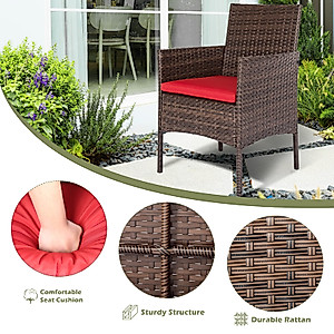 PAIQIAN Patio Porch Furniture Sets 3 Pieces PE Rattan Wicker Chairs with Table Tempered Glass Outdoor Garden Furniture Sets for Balcony Garden Porch Backyard(Brown/Red)