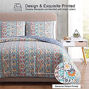 DREAMCLOUD HOME Bohemian Quilt Set Full Queen Size 3 Piece, Cosima Striped Pattern Printed Bedding Coverlet Set, Lightweight Soft Reversible Bedspread Sets for All Season (1 Quilt & 2 Pillow Shams)