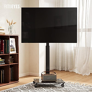 FITUEYES Mobile TV Stand with Wheels for 32-60 65Inch TV Screen, Rolling TV Floor Stand with Mount, TV Cart with Black Tempered Glass Base & Wire Management, Holds 66 lbs