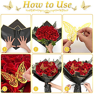 Tetutor Waterproof Flower Wrapping Paper,20 Sheets Bouquet Wrapping Paper Sheets, Floral Wrapping Paper Bouquet With Ribbons 3D Butterflies for Florist Wrap Wedding Birthday