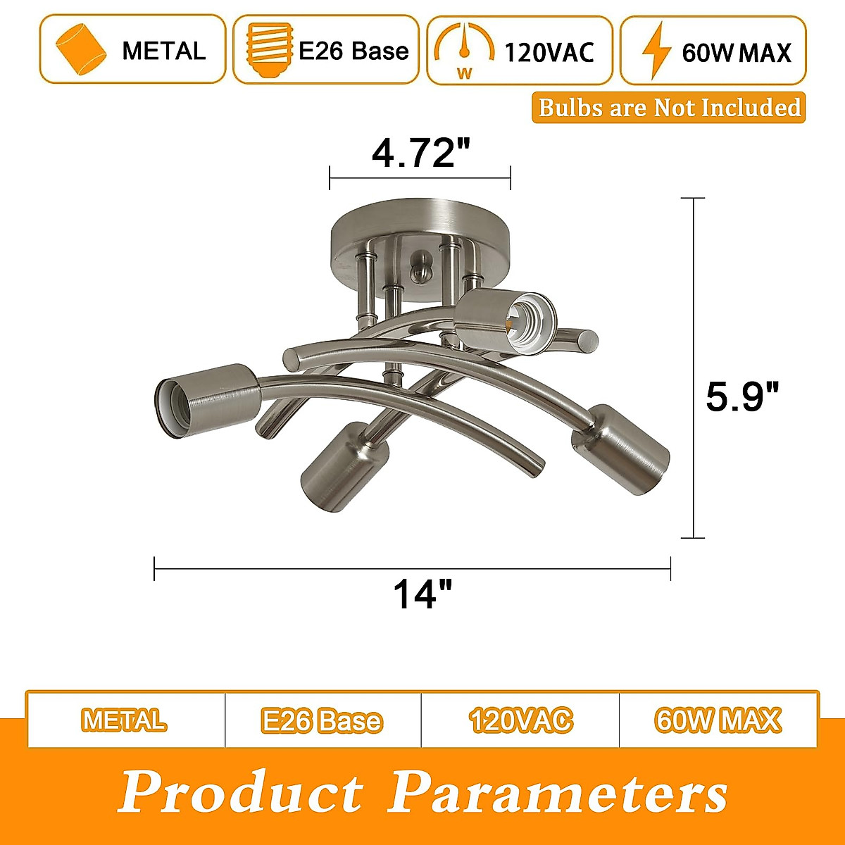 Semi Flush Mount Ceiling Light Fixture, Modern Sputnik Chandelier Light Fixtures, Industrial Kitchen Light Fixtures Ceiling Mount, 4-Light Dining Room Light Fixture for Bedroom (Brushed Nickel)