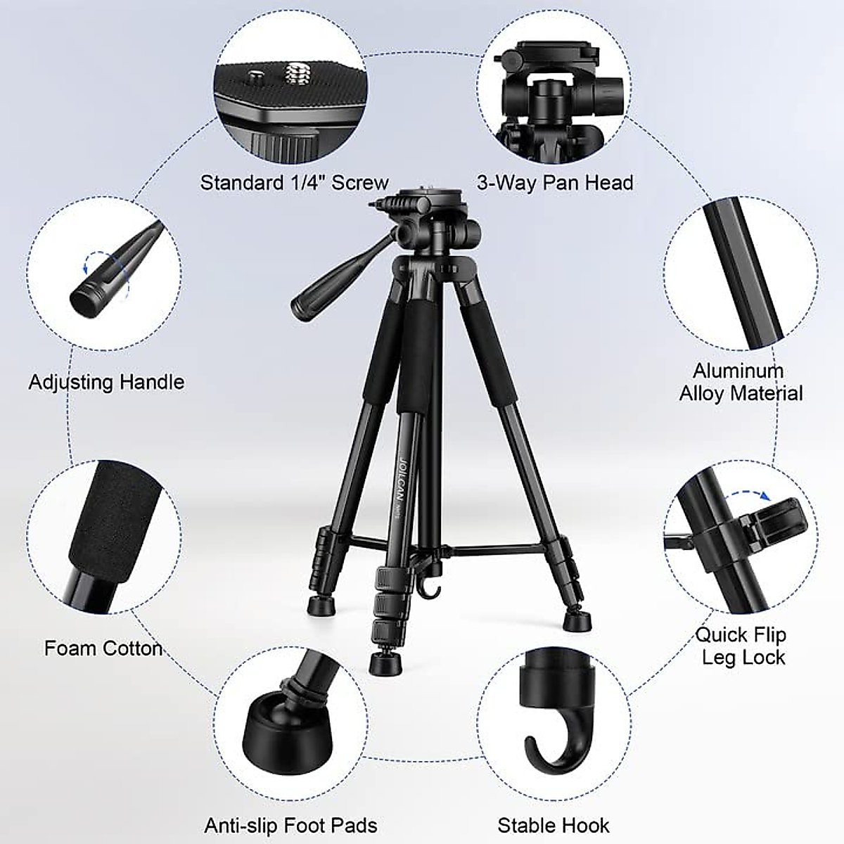 JOILCAN Camera Tripod, Heavy Duty Tripod for Camera, 67" Phone Tripod for Video Recording Photo Vlogging, Aluminum Phone Tripod with Remote & Travel Bag for DSLR Camera Phone Projectors Lasers